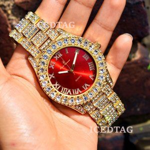 Accessories | Full Iced Out Red Face Dial Mens Luxury Watch | Poshmark